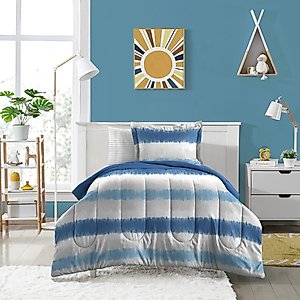 dream FACTORY Kids 5-Piece Complete Bed Set Easy-Wash Super Soft Microfiber Comforter Bedding, Twin, Blue Tie Dye Stripe,2D872901BL
