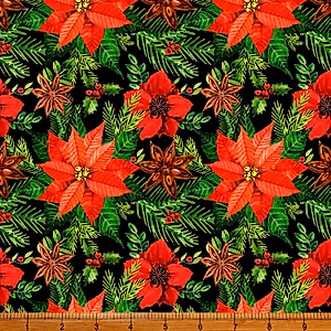 Christmas Fabric by The Yard Poinsettias Black Fabric Happy Holly Days Fabric 1 x 1 Yard Christmas Fabric Pre-Cut Fat Quarter Bulk Fabric for DIY Sewing Apparel Crafting Decor