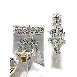 Baptism Candle Set with Flowers and Crystal Decoration
