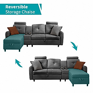 BALUS 88" W Reversible Living Room Sofa, Convertible L-Shaped Combination Sofa with Upholstery, Recliner with Storage, Modern Combination Sofa, belfin Combination Combination Sofa (Dark Grey)