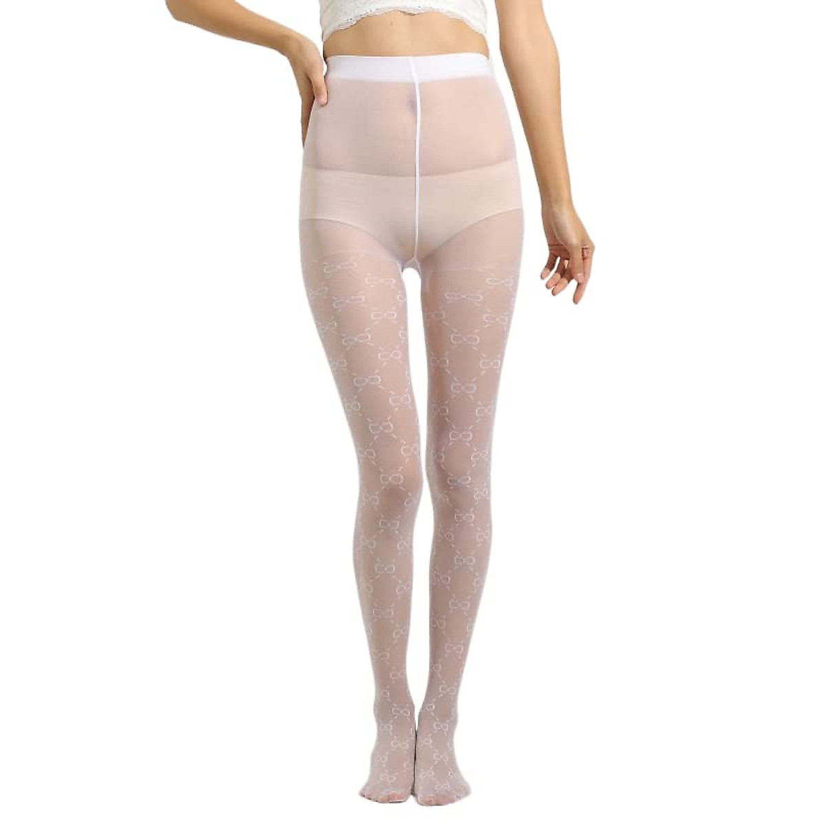 Sahabowi Women's Sexy Sheer Tights, High Waist Pantyhose, Vintage Control Top Stockings, CC Silk Jacquard White(LW2022111242,1pcs)