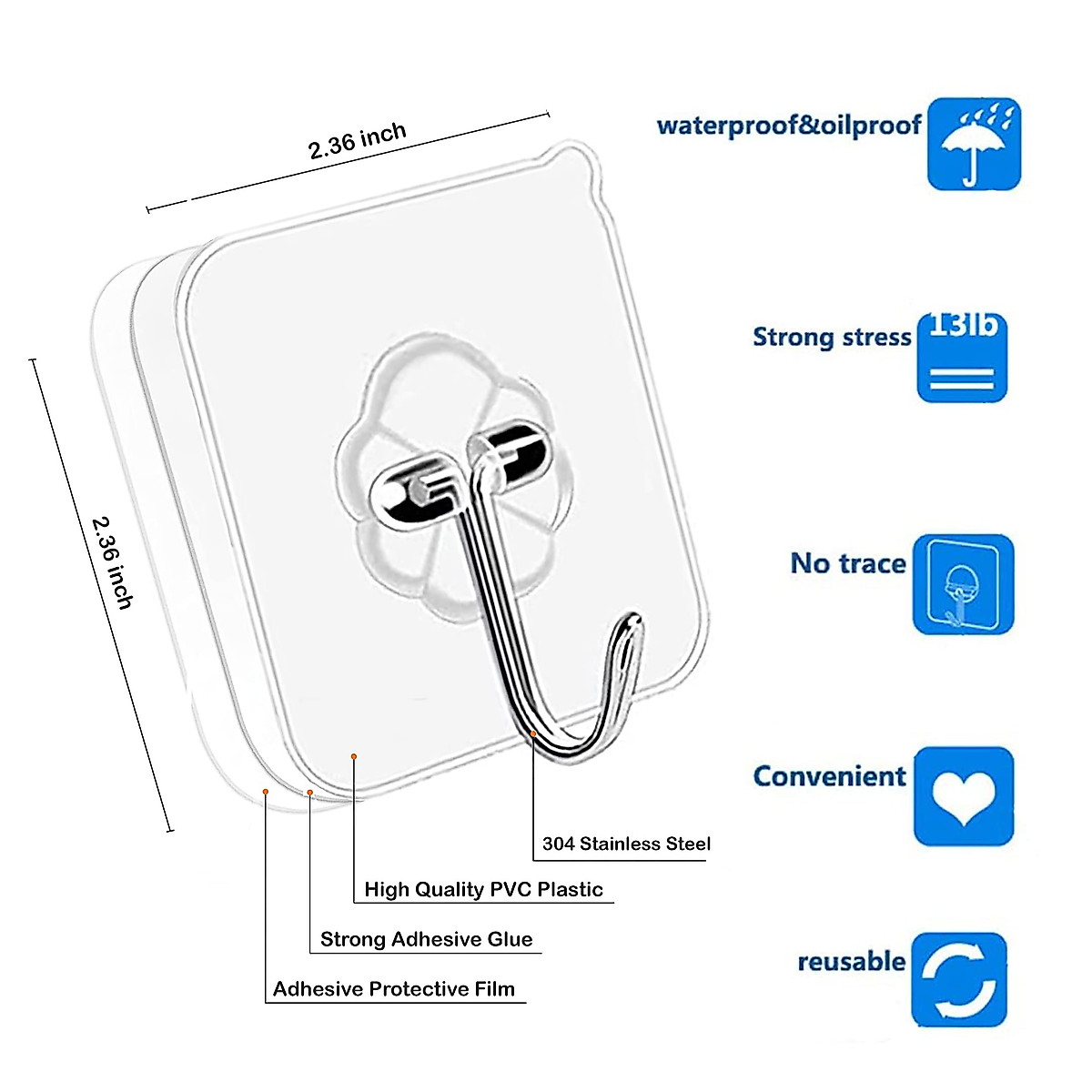 Elegana Adhesive Hooks Kitchen Wall Hooks - 24 Packs Heavy Duty 33lb(Max) Nail Free Sticky Hangers with Stainless Hooks Waterproof and Oilproof Reusable Utility Towel Bath Ceiling Hooks