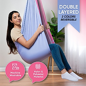 Indoor Sensory Swing for Kids or Outdoor – Holds 300lbs, Double-Layer, & 360° Swivel, Calming Compression Therapy Swing Hammock for Kids & Adults with All Hardware – Sensory-Motor Toys & Gifts