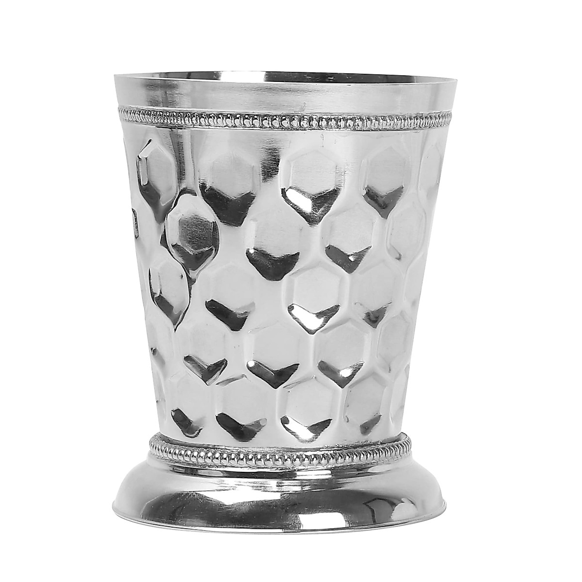 HANDTECHINDIA Mint Julep Cups For Bourbon Cocktail Moscow Mule Kentucky Derby Classic Beaded Trim Border Made by Soild Brass Capacity-12 Ounce (Silver, 1)