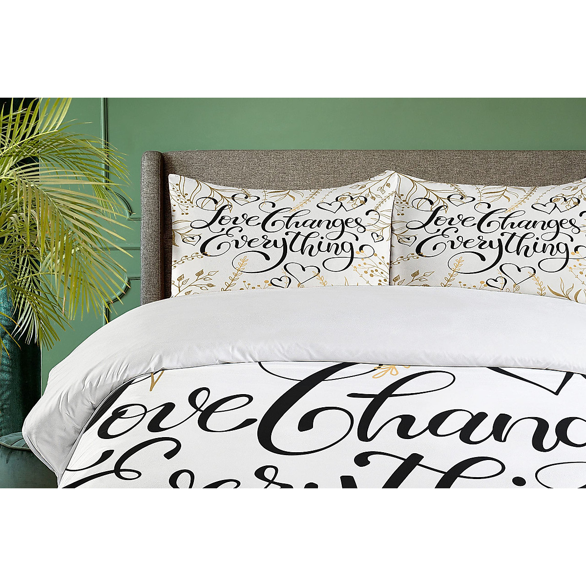Ambesonne Romantic Duvet Cover Set, Foliage Pattern Frame Style Heart Shapes and an Inspirational Words, Decorative 3 Piece Bedding Set with 2 Pillow Shams, King Size, Sepia Peach Black