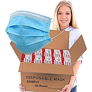 2000 PCS Bulk Blue Face Masks (40 Packs, 50pcs/Pack), Non Woven Thick 3-Layers Breathable Facial Masks with Adjustable Earloop, Mouth and Nose Cover