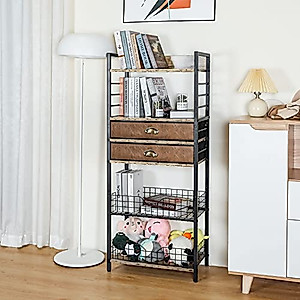 Yuyetuyo Bookshelf Industrial Retro Wood Bookcase with 2 Drawers and Wire Baskets, 4 Tier Free Standing Book Storage Shelf Display Rack for Living Room Bedroom Office, Rustic Brown