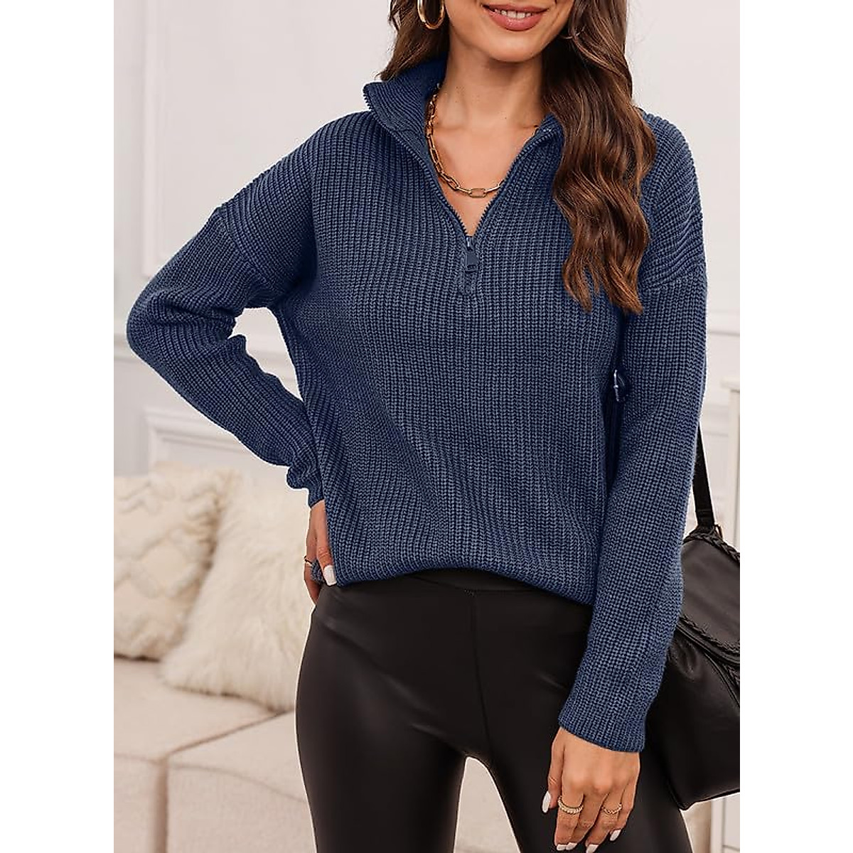 EVALESS Plus Size Sweaters for Women Long Sleeve Fall Tops Trendy 2024 Cute Rib Knit Quarter Zip Pullover Chunky Sweaters Dressy Casual Winter Outfits Ladies Oversized Light Blue Sweater, XX-Large