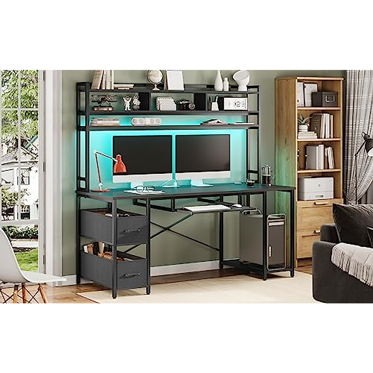 SEDETA Gaming Computer Desk, 55" Gaming Desk with LED Lights and Hutch, Computer Desk with Drawer, Power Outlet, Storage Shelves and Monitor Stand, Home Office Desk, Gamer Desk PC Table, Black