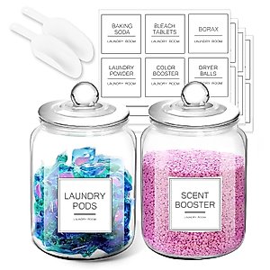 FyndraX Laundry Pods Glass Jars - Half Gallon Airtight Containers with Scoop and Labels for Organization and Storage Laundry Room Detergents Powder, Scent Booster Beads Holder, Set of 2