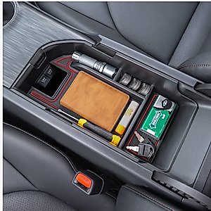 TOPINSTALL Red Center Console Organizer Compatible with 2018-2023 2024 Toyota Camry XLE XSE and 2020-2024 Camry LE SE with Dual USB Ports, Interior Accessories Armrest Tray Insert (Not for 2025)