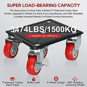 Upgrade Large Furniture Dolly 5 Wheels Heavy Duty, Furniture Movers Sliders Carbon Steel Panel, Five Free Locking 360° Rotating Rubber Universal Wheels,Maximum Load 3474LBS