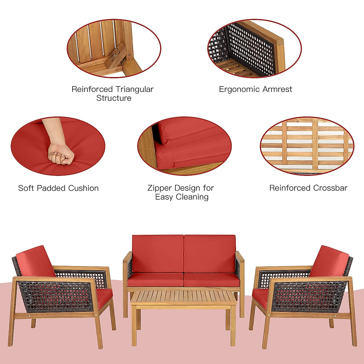PATIOJOY 4 Pieces Outdoor Acacia Wood Furniture Set, Outdoor PE Wicker Conversation Set with Coffee Table and Soft Cushions, Outdoor Sofa Set for Garden, Poolside and Backyard (1, Red)