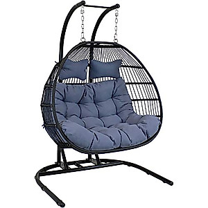 Sunnydaze Liza Loveseat Egg Chair with Gray Polyester Cushions and Stand - Comfy Outdoor Collapsible Hanging Chair with Stand - Black Polyethylene Wicker Rattan Frame with Steel Stand - 76" Tall