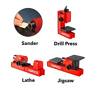 PLAYmake Kids’ 4-in-1 Woodshop Carpentry Cool Tool with Jigsaw, Lathe, Drill Press, Sander, Power Supply, Safety Goggles, Extra Supplies, and Deluxe Project Book