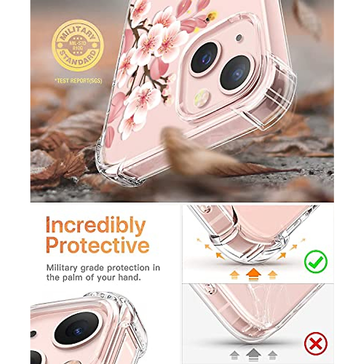 RoseParrot Designed for iPhone 13 Case with Screen Protector + Ring Holder + Waterproof Pouch, Clear with Floral Pattern Design, Soft&Flexible Bumper Shockproof Protective Cover （Fireflies）