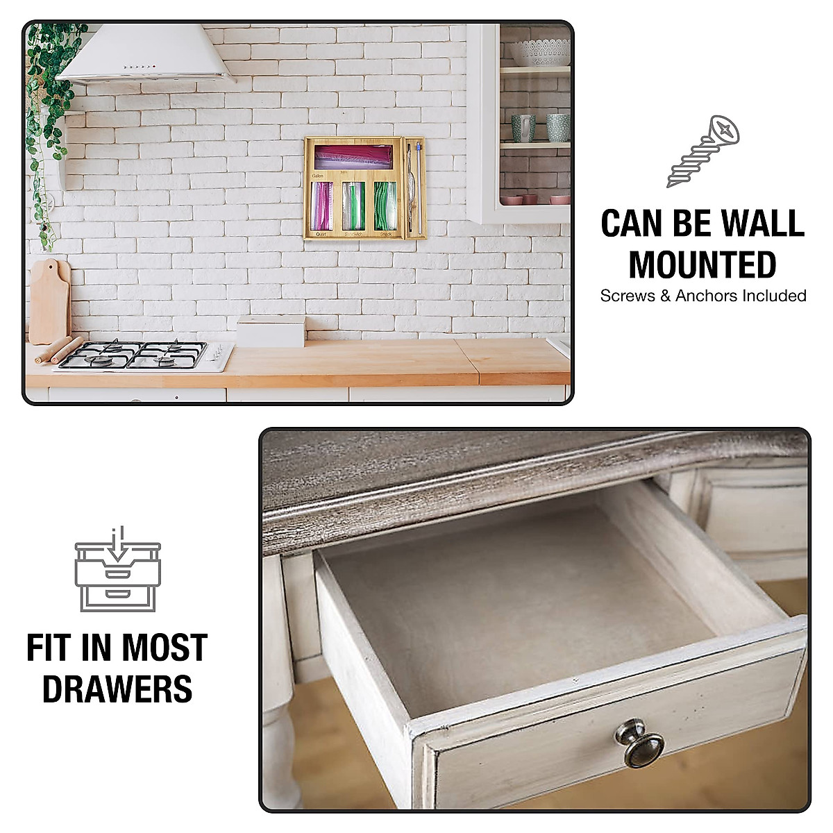 2 in 1 Bamboo Ziplock Bag Organizer for Drawer w/MAGNETICALLY DETACHABLE Plastic Wrap Dispenser with Cutter, Wall Mount Plastic Bag Organizer, 4 Size Gallon, Quart, Snack, Sandwich Baggie Organizer