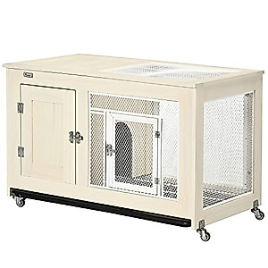 PawHut Small Rabbit Hutch Indoor Bunny Cage on Wheels, Rabbit Habitat with Tough Pinewood, Openable Top, Rabbit Cage Inside, 37.5" x 21" x 24.5"