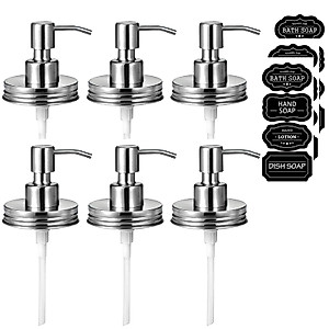 Mason Jar Liquid Soap Dispenser Lids - 304 Stainless Steel Pumps & Lids for 16oz Regular Mouth Mason Jar-Rustic/Farmhouse Decor, for Hand Soap,Dish Soap, Lotions/Brushed Nickel-6 Pack, 2 Long Tubes