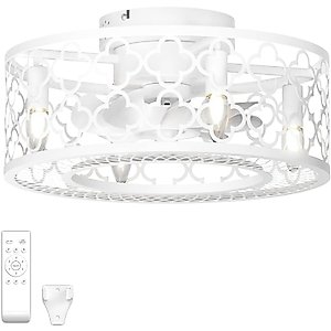 Coolbull White Caged Ceiling Fans with Lights and Remote Outdoor Enclosed Bladeless 18 Inch Low Profile Flush Mount Fixture Small Fandelier LED Ceiling Fan Light for Kitchen Farmhouse Bedroom