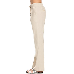 Poplooks Women's Comfy Elastic Waistband Drawstring Linen Pants (Small, Natural)