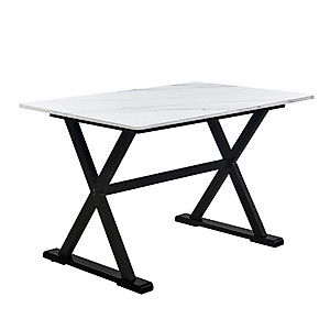 LZ LEISURE ZONE Dining Table Set, Solid Wood 5-Piece Dining Set with Faux Marble Tabletop and Upholstered Dining Chairs for 4, Dining Room Sets, White+Beige