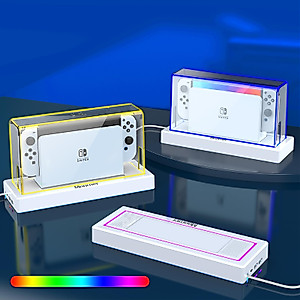 Mooroer Dust Cover with 16 LED Colors Light Base for Nintendo Switch/OLED, Acrylic Clear Display Box Anti-Scratch Waterproof Slim Dock Case, Cool Switch Accessories