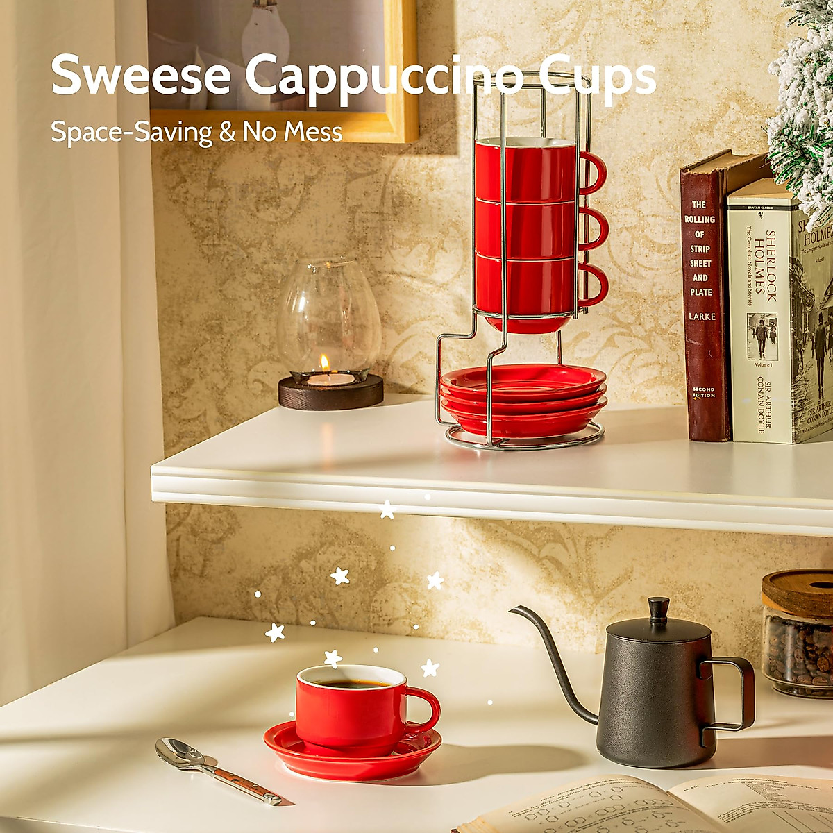 Sweese 8 Ounce Porcelain Stackable Cappuccino Cups with Saucers and Metal Stand - for Specialty Coffee Drinks, Cappuccino, Latte, Americano and Tea - Set of 4, Red