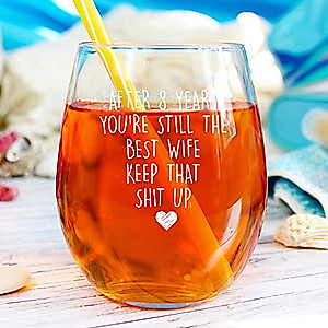 YouNique Designs 8 Years Anniversary Stemless Wine Glass for Her, 15 Ounces, Funny 8th Wedding Anniversary Wine Cup for Wife, Eight Years, Eighth Year