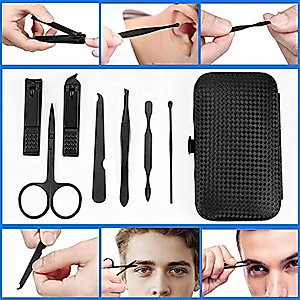 QURIPE 7pcs Manicure set, Nail Clippers Kit, Stainless Steel Manicure Kit, Nail Clipping Tools Portable Travel Grooming Kit, The Best Gift with Luxurious Case (Black-7)