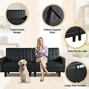 Oprisen 72” Sleeper Futon Sofa Chair Faux Leather Convertible Loveseat Sofa Bed Mid-Century Modern Sofa Tufted Couch for Office/Livingroom/Small Space w/Adjust Backrest/Side Pockets (Black, 2-Seater)