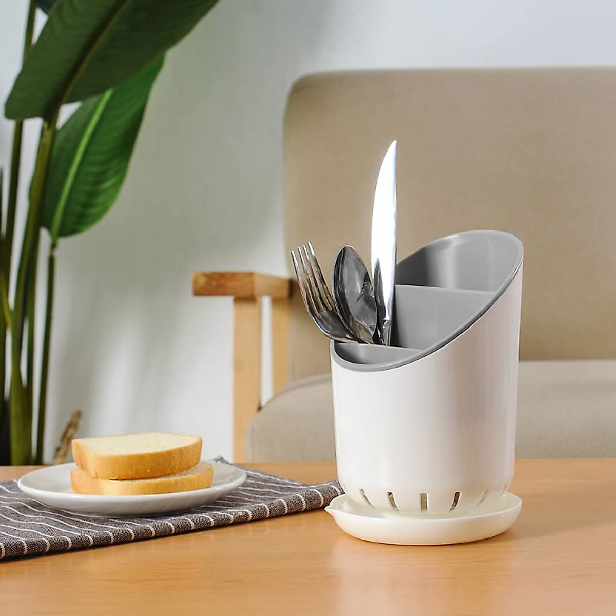 JLJLcio Kitchen Utensil Holder for Countertop,Plastic Round Knife Holder for Safe,Kitchen Gadgets with Removable Divider and Drain Design,Cooking Utensil Organizer for Knives/Forks/Spoons(Grey)