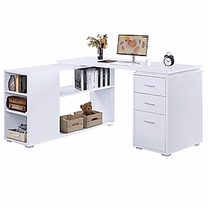BELLEZE L Shaped Computer Desk, 60” Study Writing Table Home Office Desk Morden Corner Workstation Setup with Adjustable Storage Shelves and 3 Drawers, White