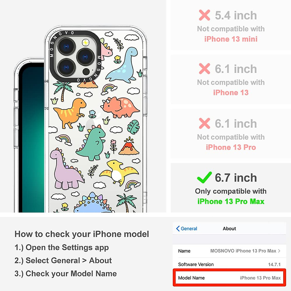 MOSNOVO Case for iPhone 13 Pro Max, [Buffertech 6.6ft Military-Grade Drop Protection] [Anti Peel Off Tech] Clear TPU Bumper Phone Case Cover Design - Dinosaur Land