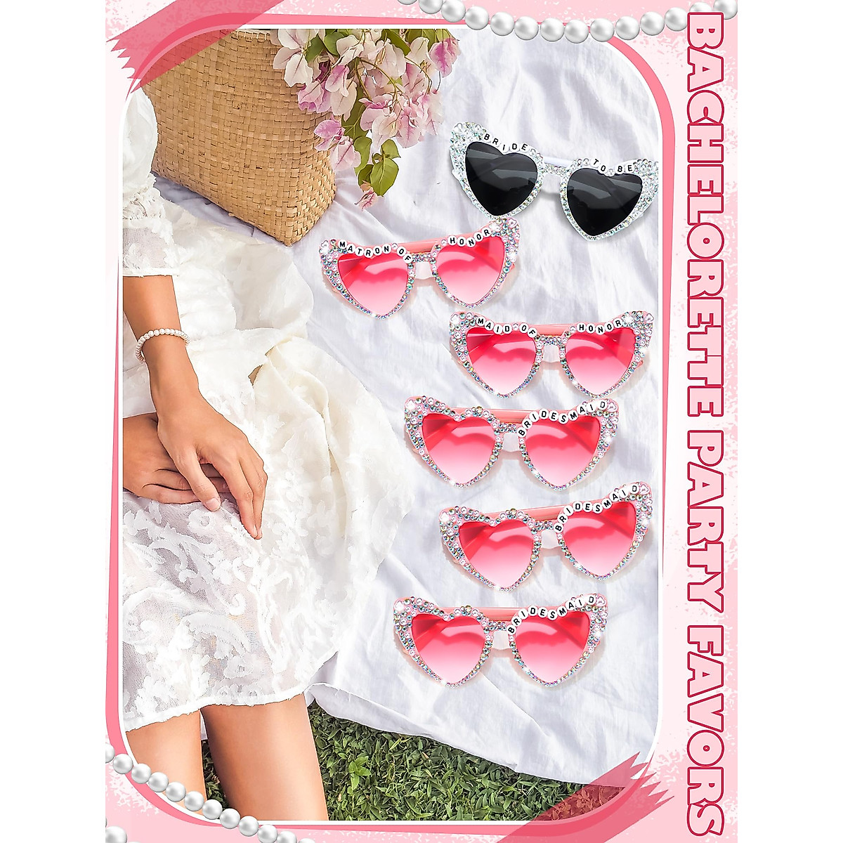 Mootycapa 6 Pcs Bride Sunglasses Bachelorette Sunglasses Party Favors for Bridesmaids for Wedding Party Bride to Be Gifts(White, Pink, Bridesmaid)