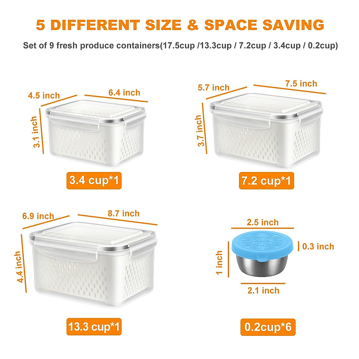 YIENOGO Salad Dressing Containers and Fruit Vegetable Storage Containers for Fridge with Colander and Lid Refrigerator Storage Containers Bins Organizer for Fruit Food Produce, White, YI-01F09