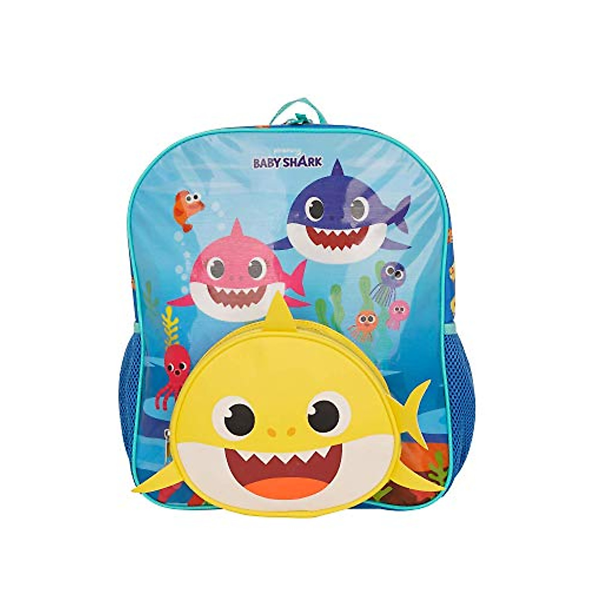 AI ACCESSORY INNOVATIONS Baby Shark 14" Boys & Girls Backpack, School Travel Bag for Toddler, Features Die Cut Baby Shark front Pocket, 2 side mesh pockets, and Adjustable Padded Straps