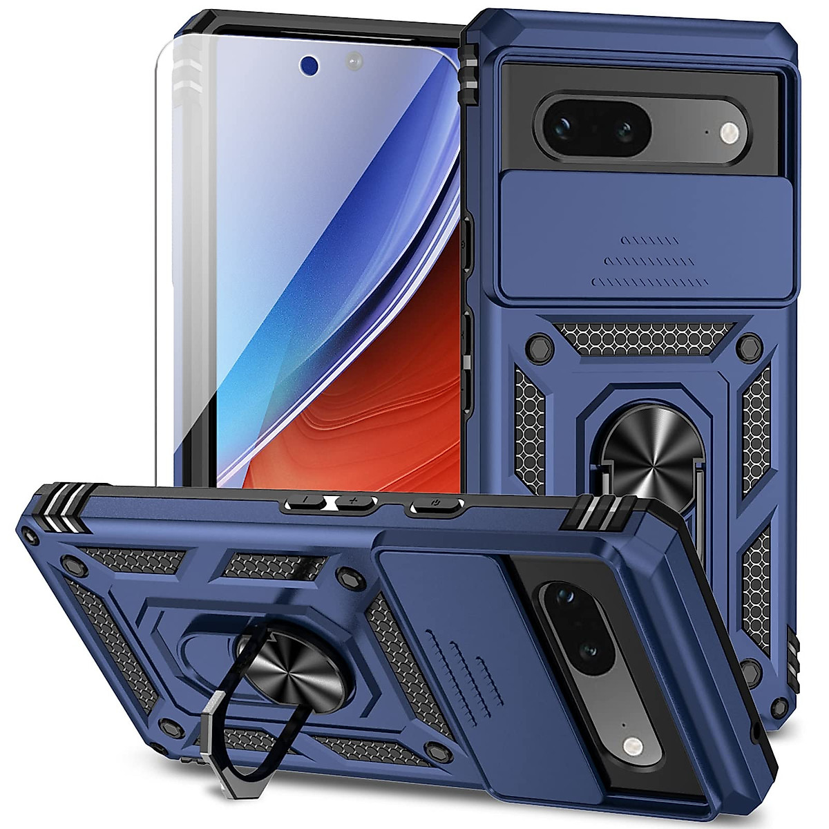 for Google Pixel 7a Case with Slide Camera Cover HD Screen Protector [Military Grade 16ft. Drop Tested] Magnetic Ring Holder Kickstand Protective Phone Case for Google Pixel 7a, Navy Blue
