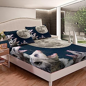 Full Size Opossum Sheet Set Boys Girls Possums Gifts Bed Sheets Set For Kids Women Men Ultra Soft Possums Moon Bedding Set Possum Stuffed Animal Bed Set (Flat Sheet + Fitted Sheet + Pillow Case)