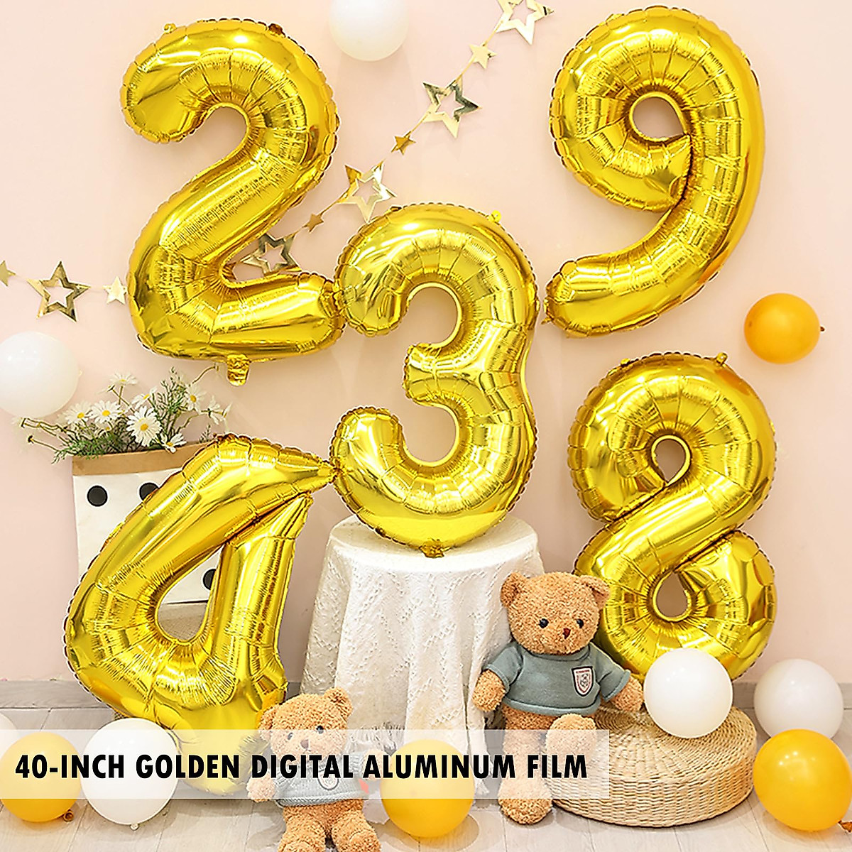 Rukinovi 40 Inch Numbers Birthday Party Balloon,Numbers 3 Gold Balloons for 3 13 23 30 31 32 33 34 35 36 37 38 39 Birthday Party,Anniversary, Graduation etc Party Decorations
