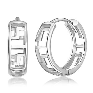 14k REAL White Gold 4mm Thickness Greek Key Huggie Earrings (12 x 12 mm)