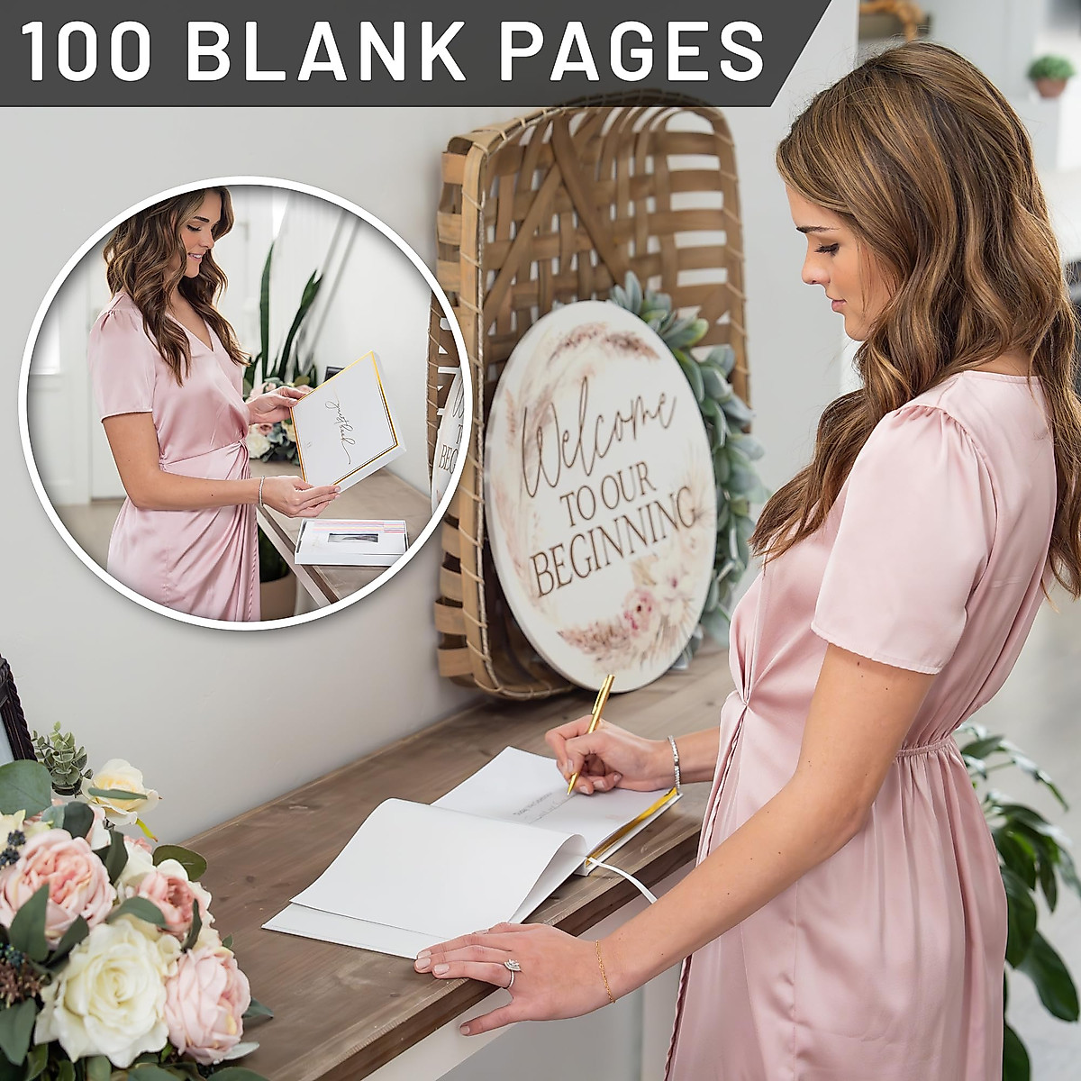 Wedding Guest Book - 8" x 10" Keepsake Guest Book for Party, Anniversary, Retirement, Graduation Sign-in & Photos with 2 Multi-Colored Photo Sticker Sheets, Golden Pen and Bookmark