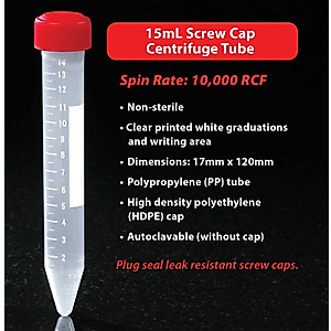 Globe Scientific 6264 Polypropylene Centrifuge Tube with Separate Red Screw Cap, Non-Sterile, 15mL Capacity, Printed Graduation, Bulk Pack (Case of 500)