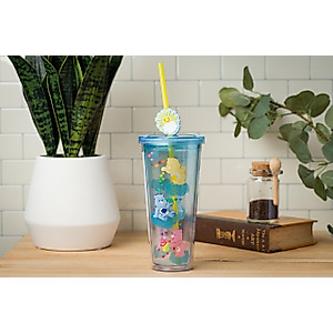 Silver Buffalo Care Bears Featuring Funshine Bear, Grumpy Bear, and Love-a-Lot Bear Glitter Plastic Cold Cup with Lid and Straw Topper, 24 Ounces