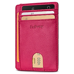 Buffway Slim Minimalist Front Pocket RFID Blocking Leather Wallets for Men Women - Lichee Red