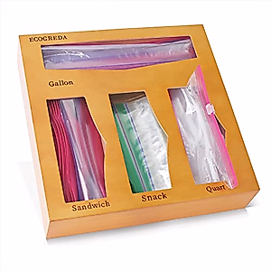 ECOGREDA Ziplock Bag Organizer, Wooden Baggie Organizer and Ziploc Bag Storage for Drawer Kitchen, Compatible with Gallon, Quart, Sandwich & Snack Variety Size Bags
