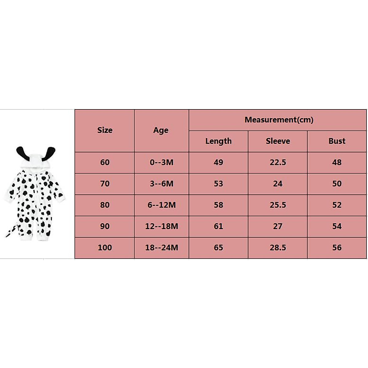 wybzd Baby Dalmatian Costume Newborn Boy Girl Halloween Puppy Spotted Dog Romper Onesie Footies Zipper Hooded Outfit (Romper with Tail, 0-3 Months)