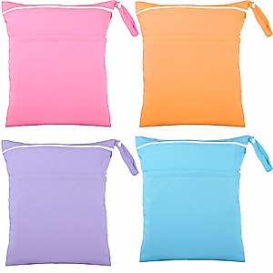 Shappy 4 Pcs Wet Dry Bag for Baby Cloth Diapers Waterproof Wet Bag Washable Travel Reusable with 2 Pocket for Travel Beach Pool(Blue, Purple, Pink, Orange)