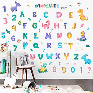 WOYINIS Dino Alphabets Wall Stickers Peel & Stick Vinyl Dinosaur ABC Numbers Wall Decal Colorful Classroom Kids Room Playroom Baby Nursery Wall Decor Early Education Learning Tools
