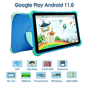 Kids Tablet 10 inch Tablet for Kids Android 11.0 WiFi Kids Tablets for Toddlers, 2GB RAM 32GB ROM, Quad Core Processor, 1280x800 IPS, Parental Control, GMS, Dual Cameras, WiFi, Bluetooth for Kids